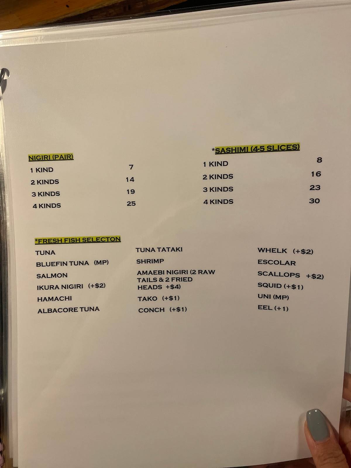 Menu at NAOKI JAPANESE CUISINE restaurant, Palm Bay