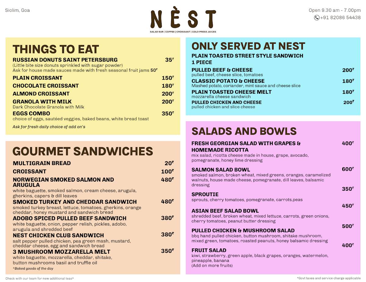 Menu at NEST GOA, Siolim