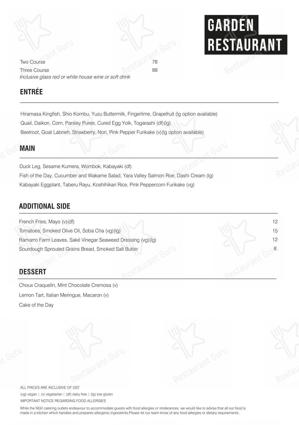 Menu at NGV Café cafe, Melbourne, National Gallery of Victoria