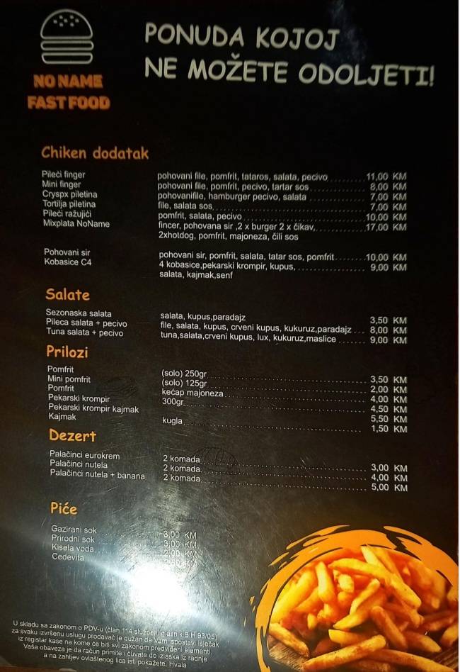 Menu at NO NAME restaurant, Sarajevo