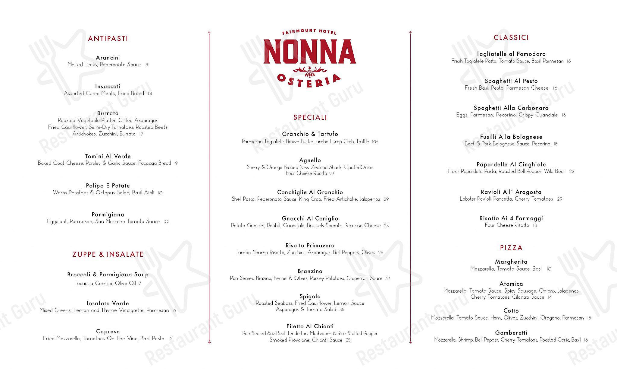 Menu at NONNA Osteria - Downtown restaurant, San Antonio