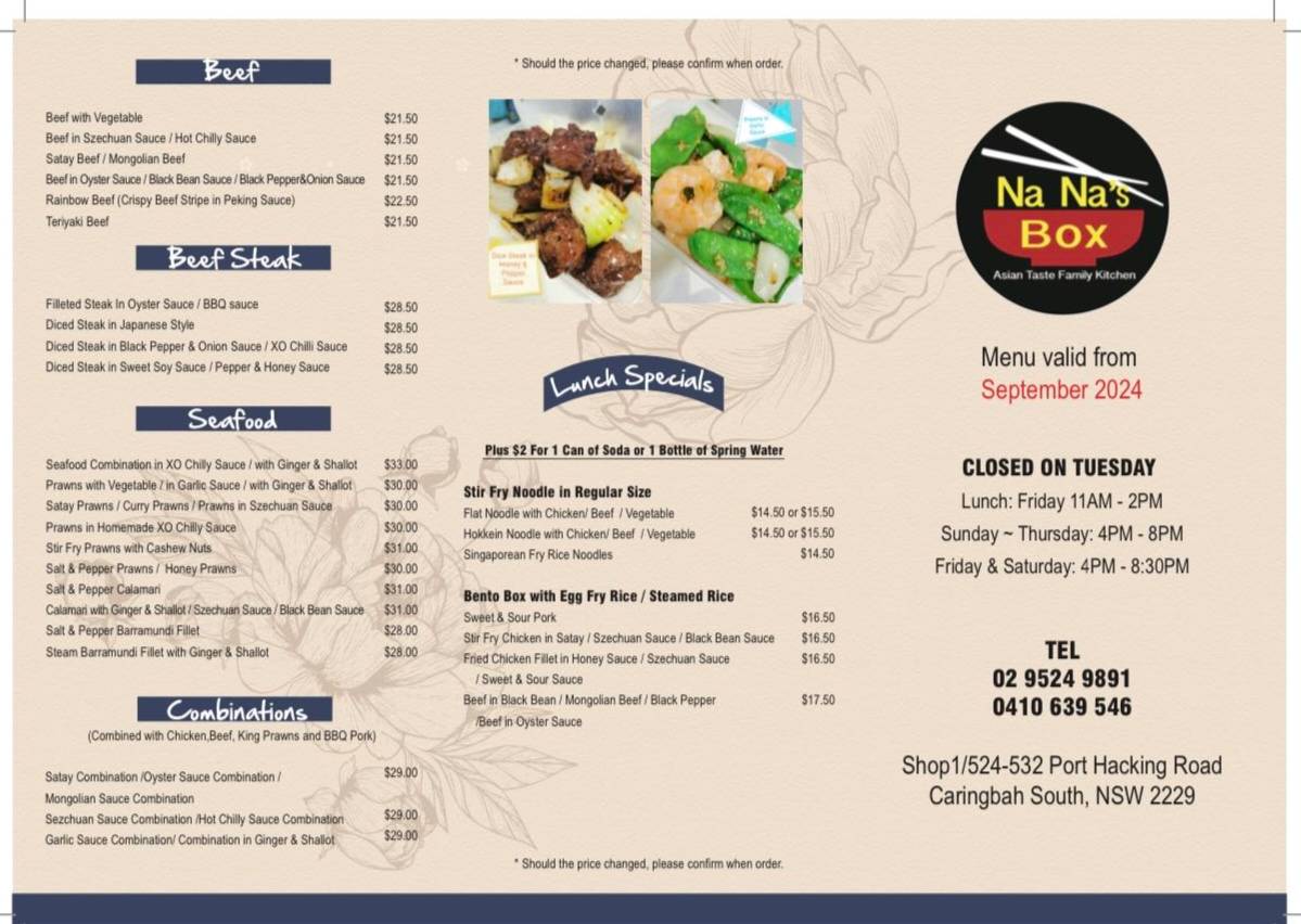 Menu at Na Na's Box Chinese Restaurant, Caringbah South
