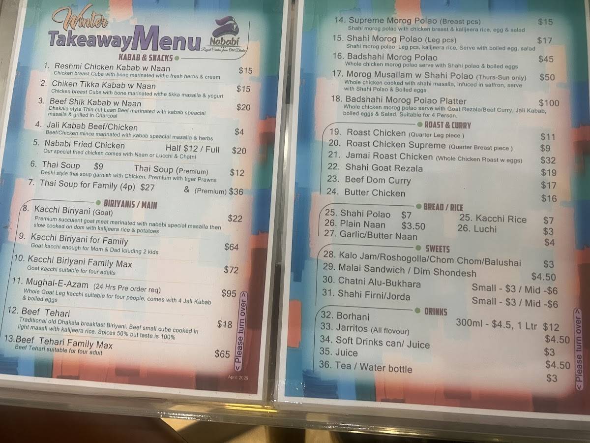 Menu at Nababi Bangladeshi Restaurant, Glenfield