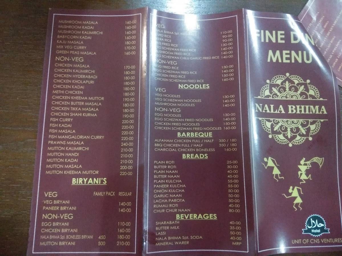 Menu at Nala bhima Restaurant, Bengaluru