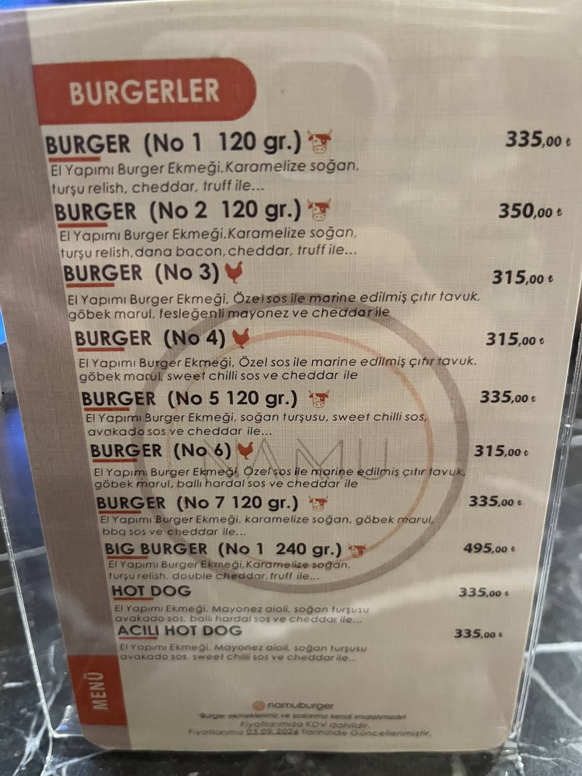 Carta de Namu Burger, Estambul