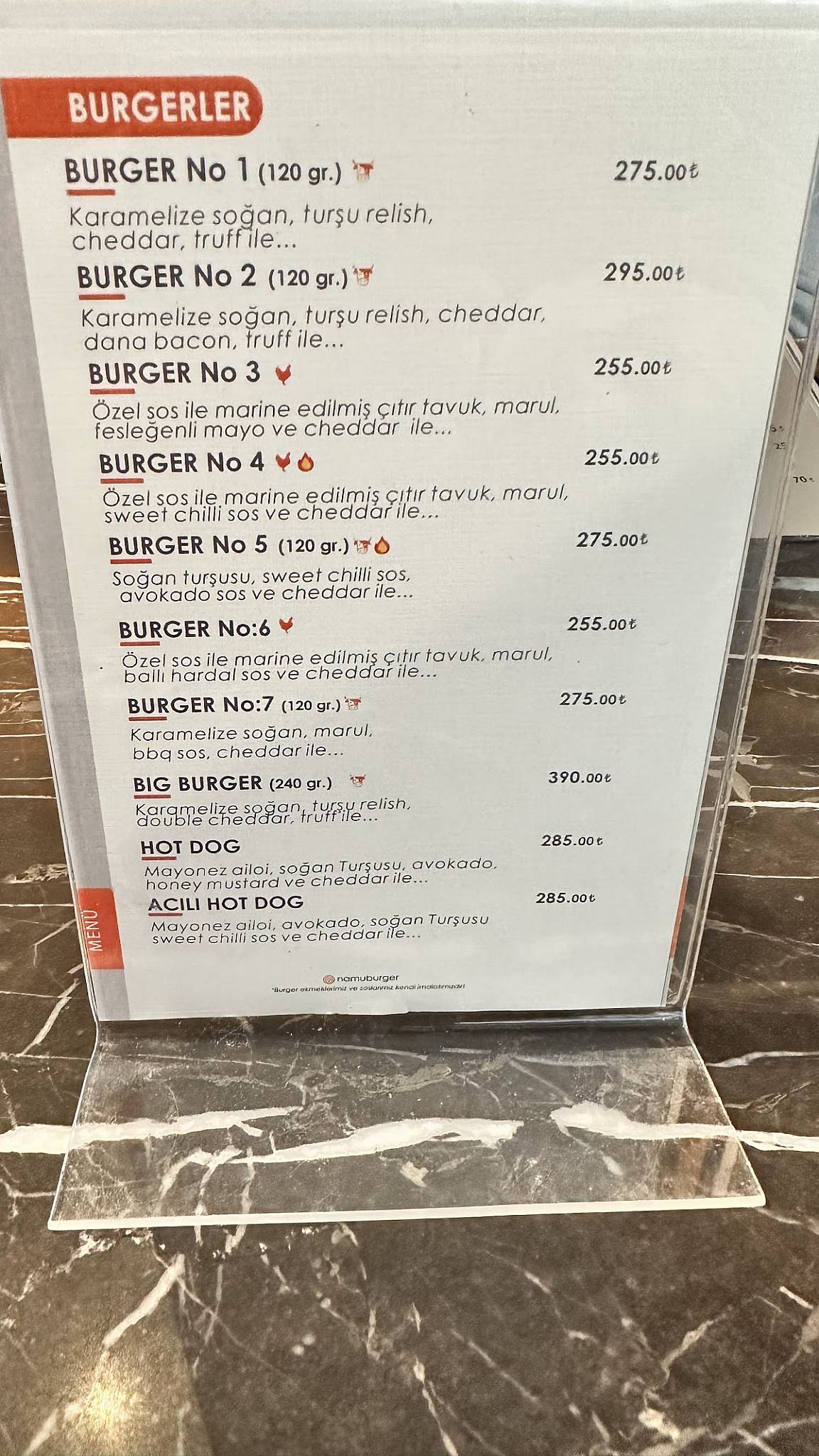 Menu at Namu Burger, Istanbul