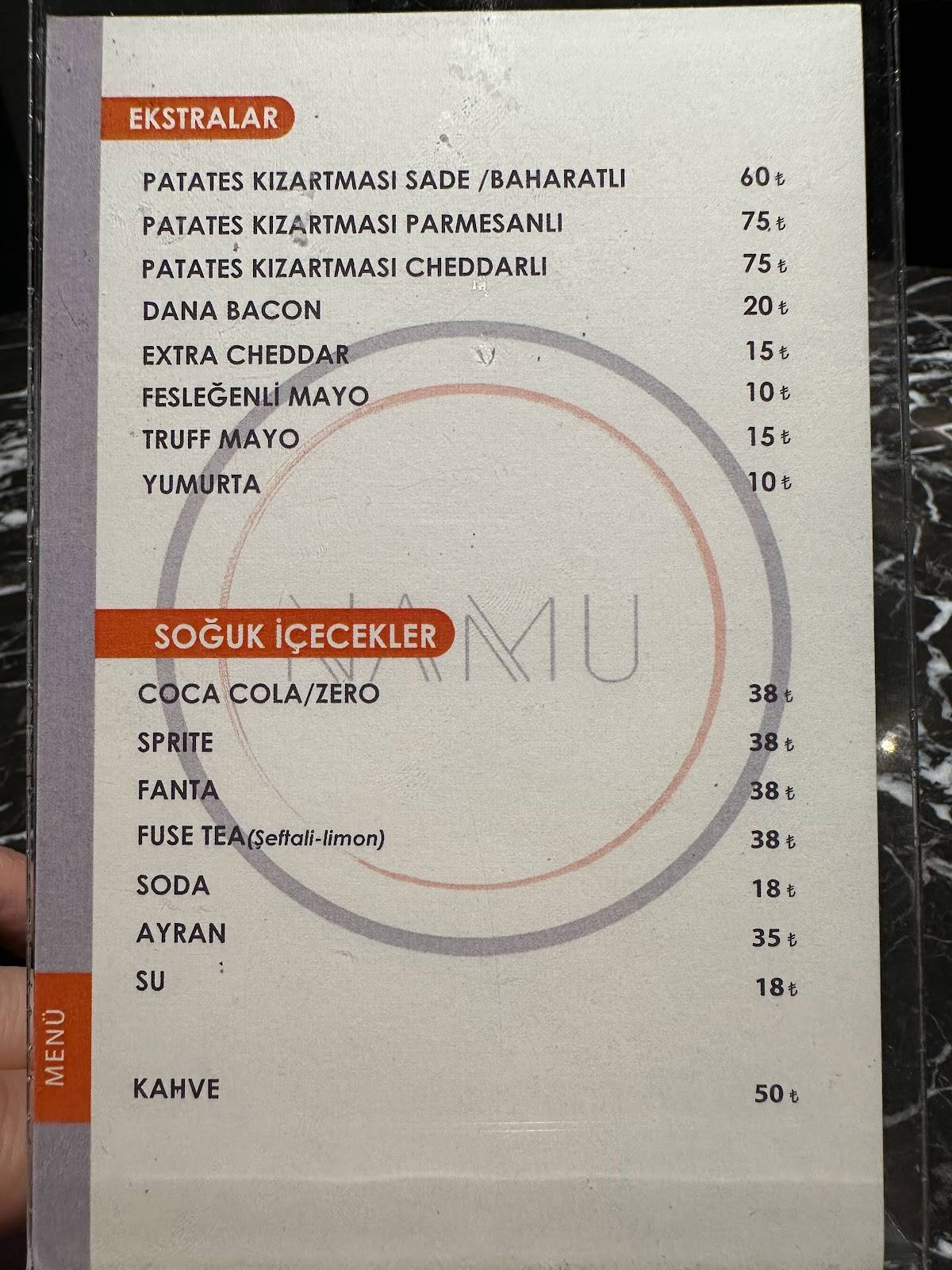 Menu at Namu Burger, Istanbul