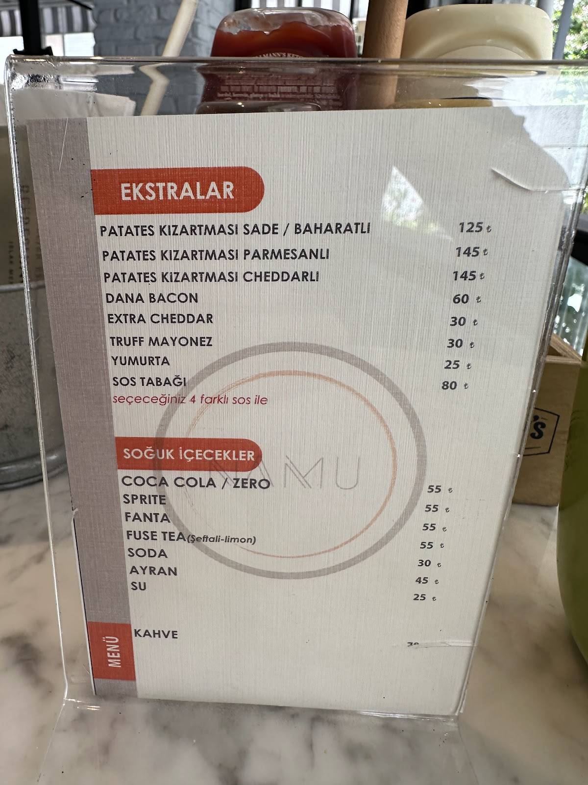 Menu at Namu Burger, Istanbul