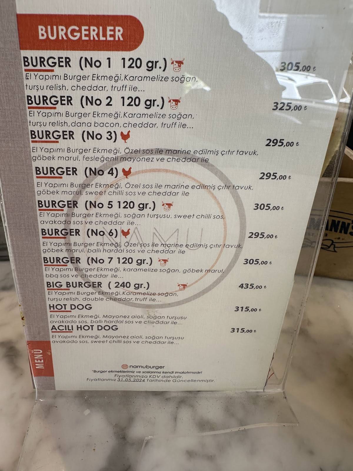Menu at Namu Burger, Istanbul