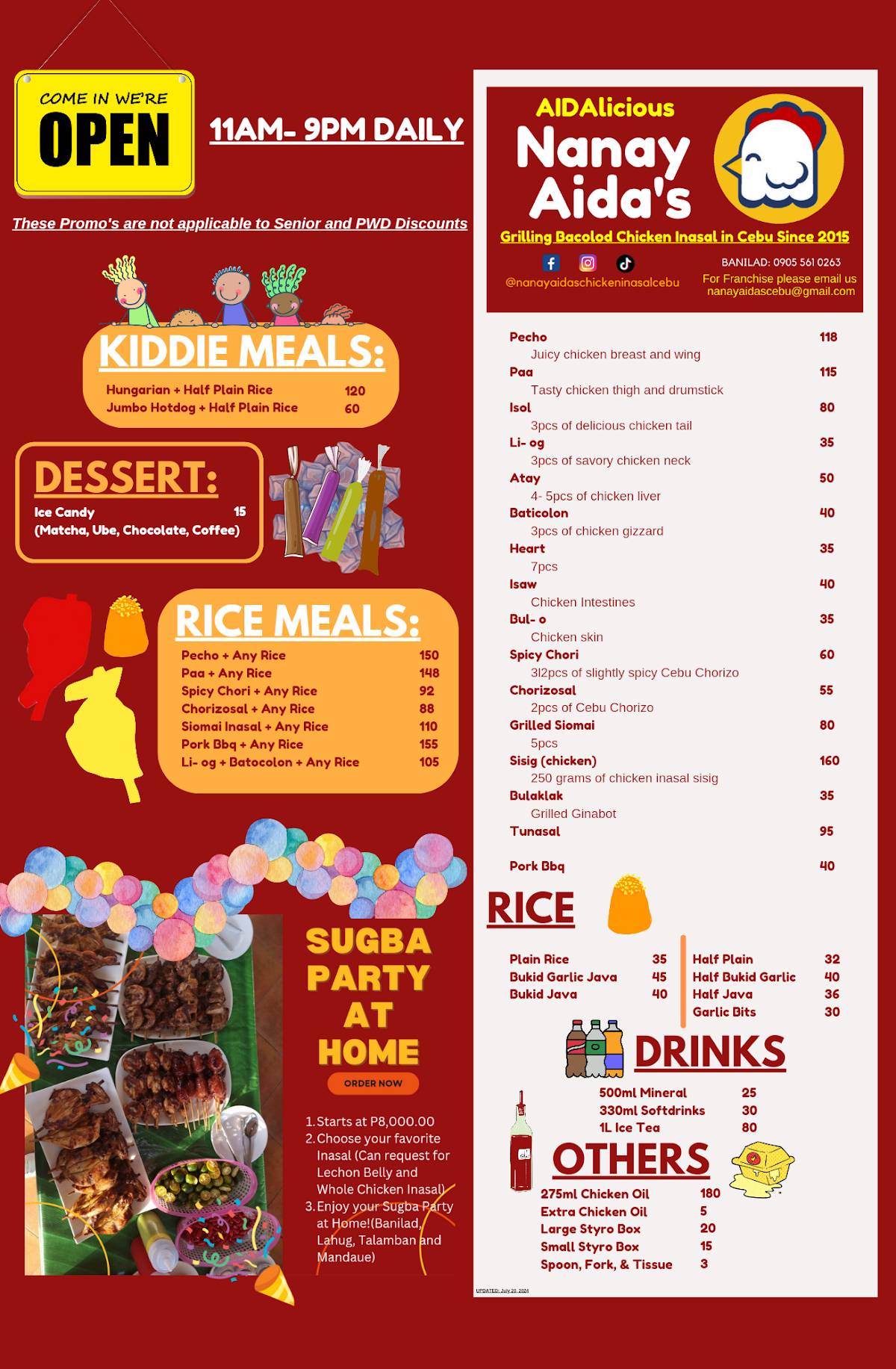 Menu at Nanay Aida's Chicken Inasal- Aidalicious restaurant, Cebu City