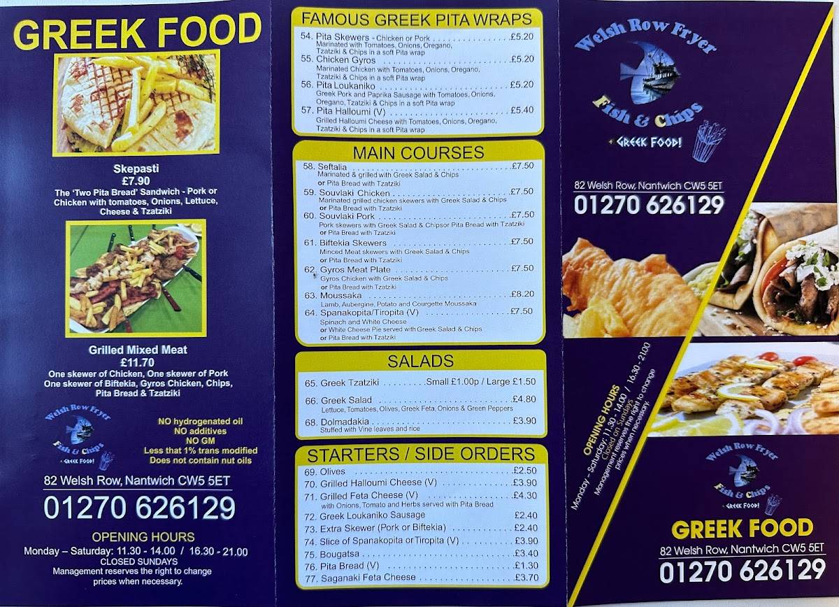 Menu at Welsh Row Fryer restaurant, Nantwich, 82 Welsh Row