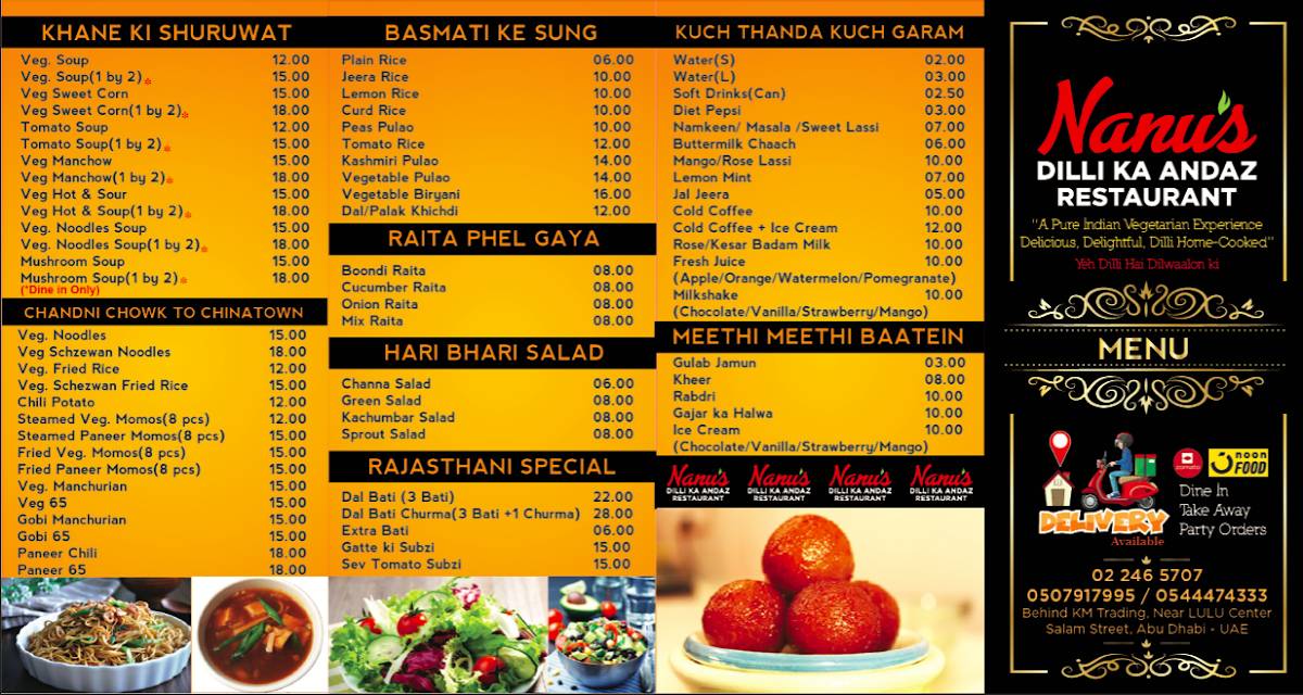 Carta de Nanu's Dilli Ka Andaz Restaurant (Pure Vegetarian), Abu Dabi