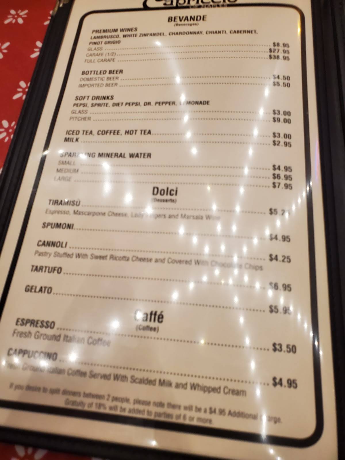 Menu at Capriccio of Naples Italian Restaurant, Naples