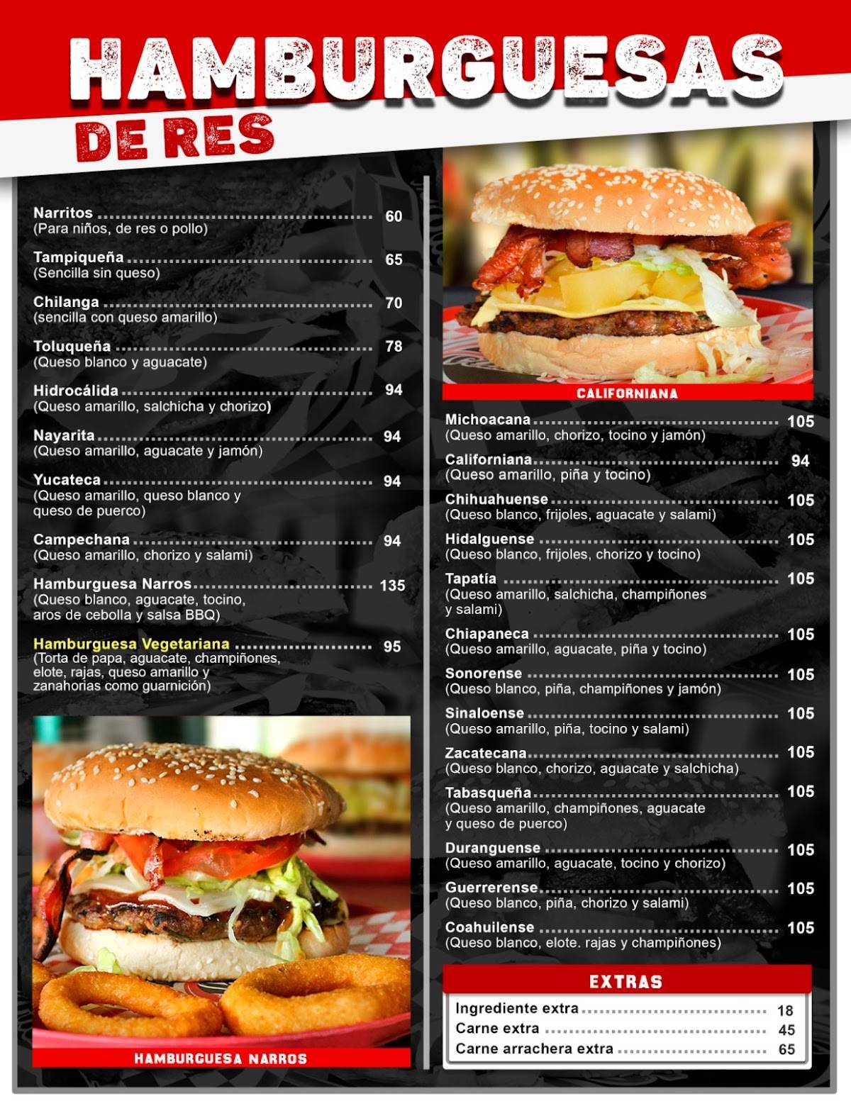 Carta del restaurante Narros Burger Fundición, Aguascalientes