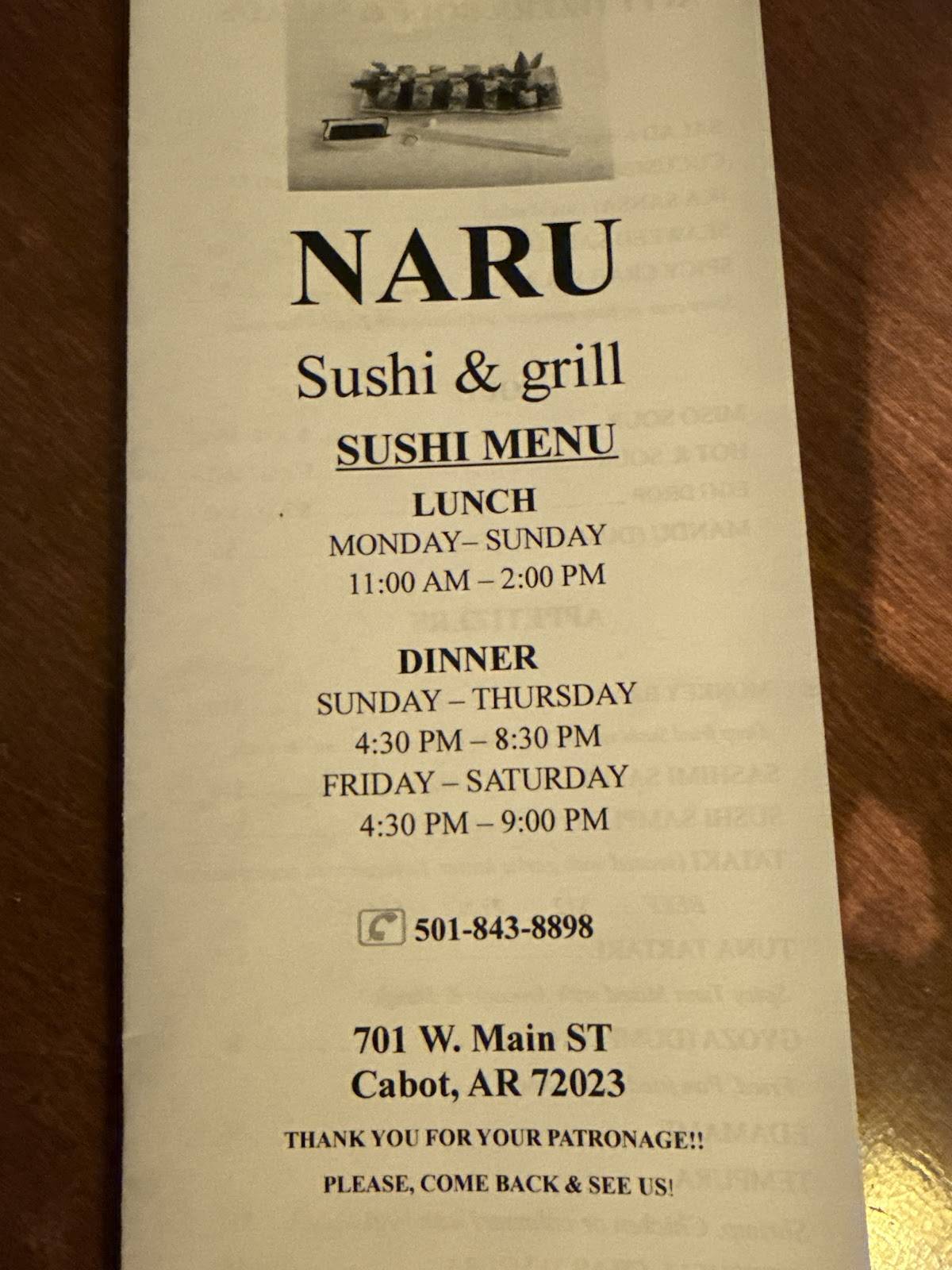 Menu at Naru Japanese Restaurant, Southaven