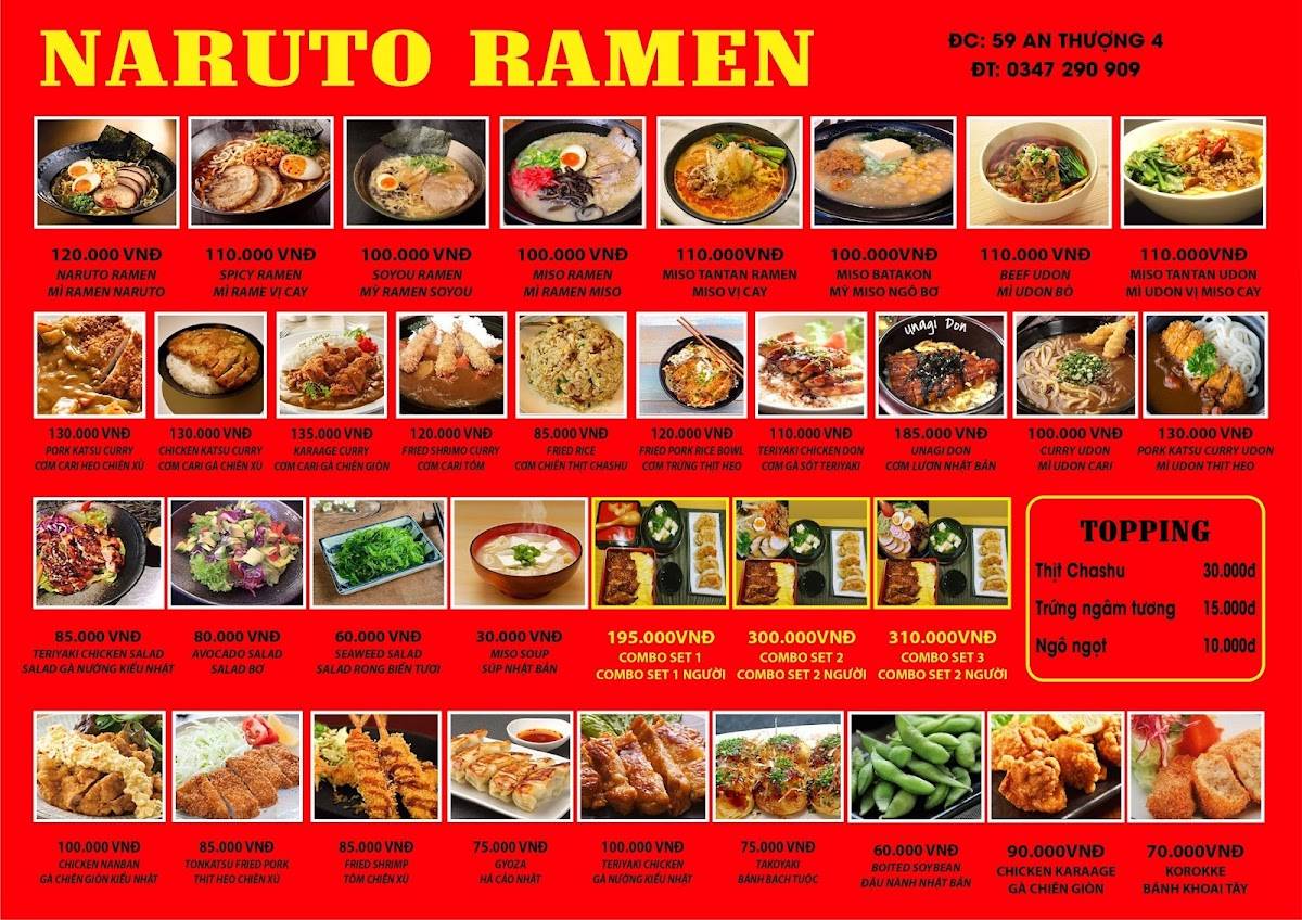 Menu at Naruto Ramen 2 restaurant, Da Nang, 10 Lý Thường Kiệt