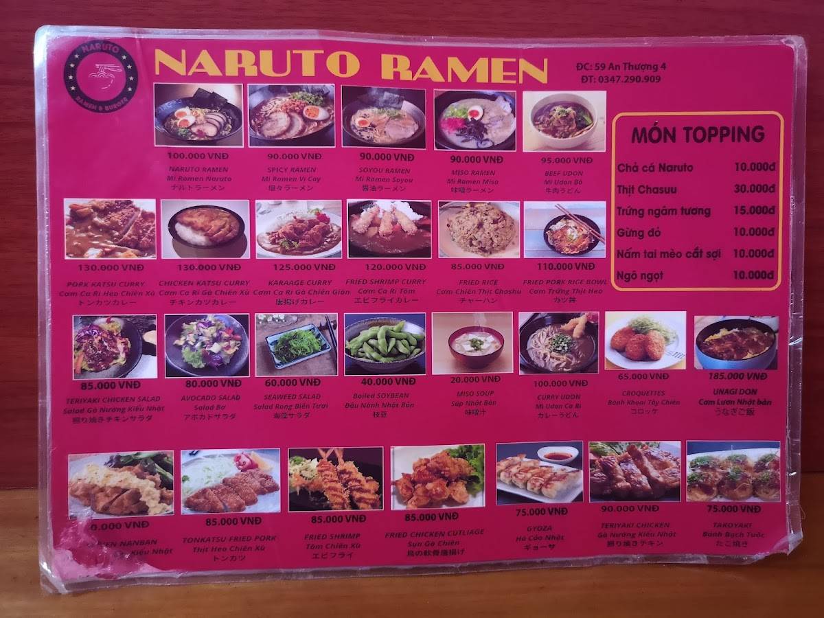 Menu at Naruto Ramen 2 restaurant, Da Nang, 10 Lý Thường Kiệt
