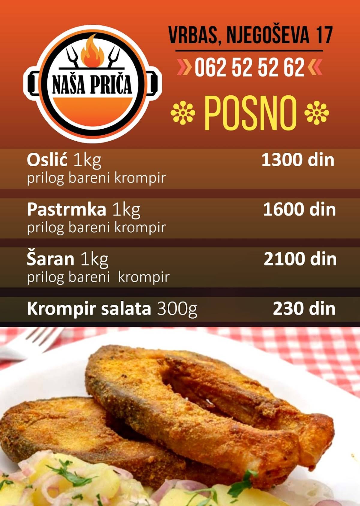 Menu at Naša Priča restaurant, Vrbas