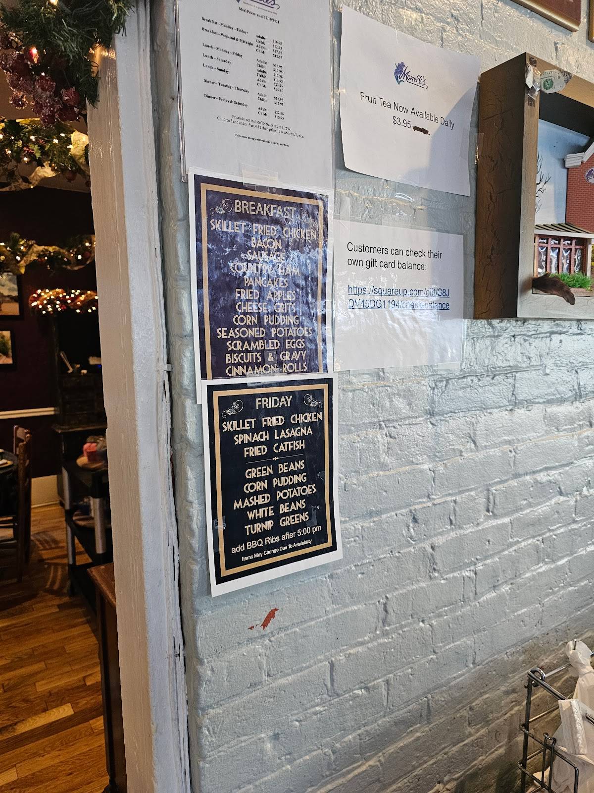 Menu at Monell's restaurant, Nashville, 6th Ave N