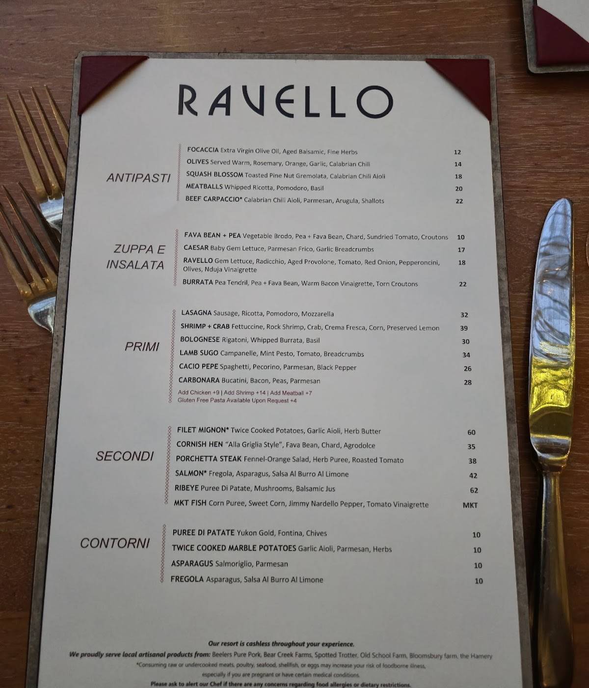 Menu at Ravello restaurant, Nashville, Opryland Dr