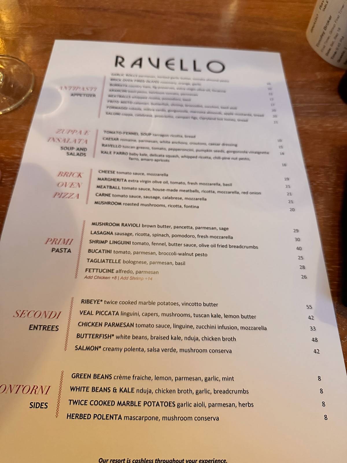 Menu at Ravello restaurant, Nashville, Opryland Dr