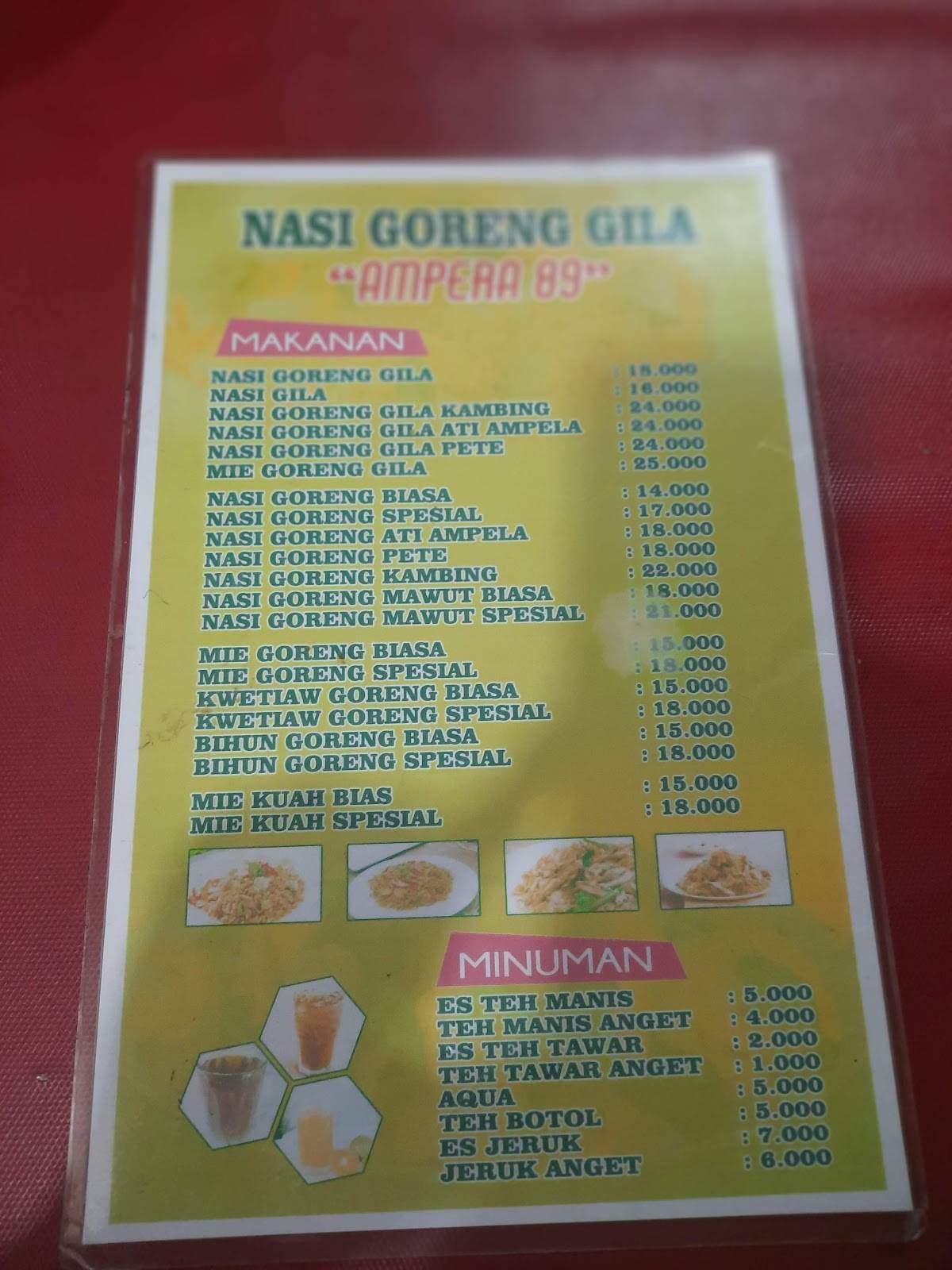 Menu at Nasi Goreng Gila Ampera 89 restaurant, South Jakarta, No.