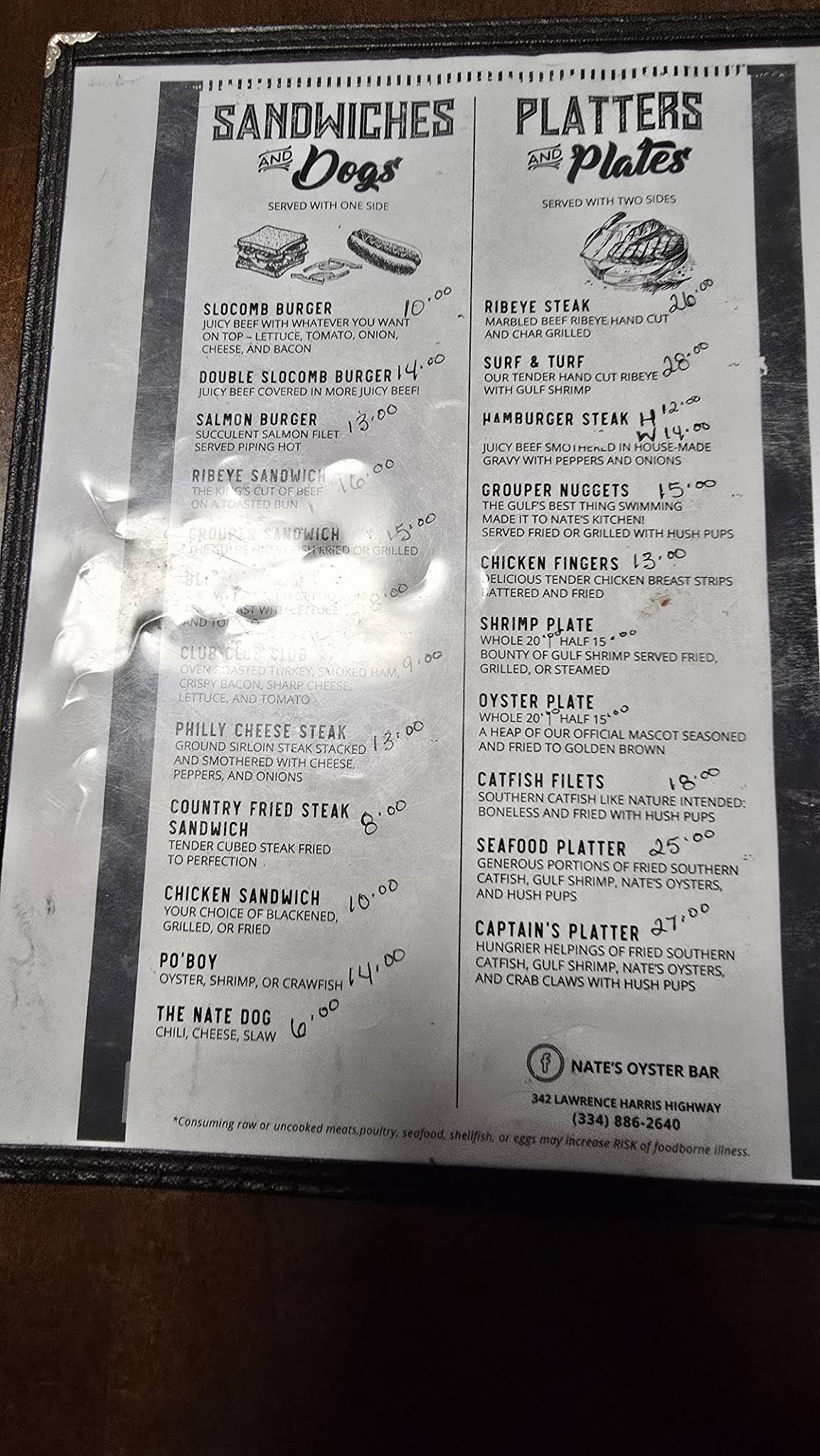 Menu at Nate's Oyster Bar, Slocomb, 342 Harris Hwy
