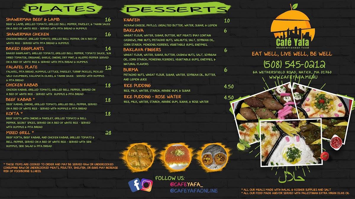 Menu at Cafe Yafa Natick, Natick