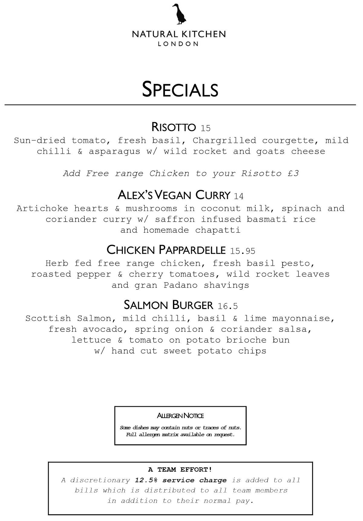 Menu at Natural Kitchen restaurant, London, 15-17 Nevill Ln