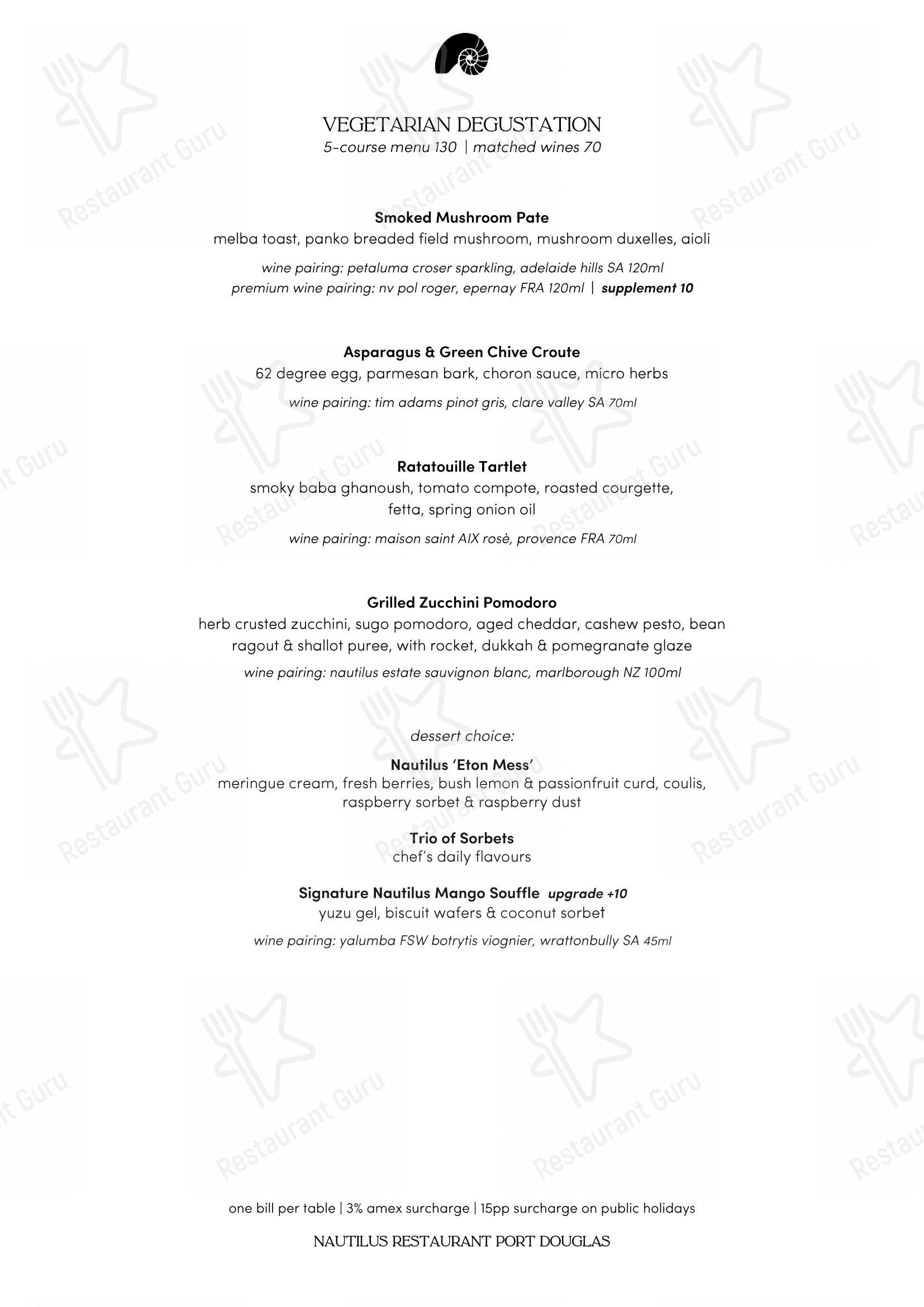 Menu at Nautilus Restaurant, Port Douglas