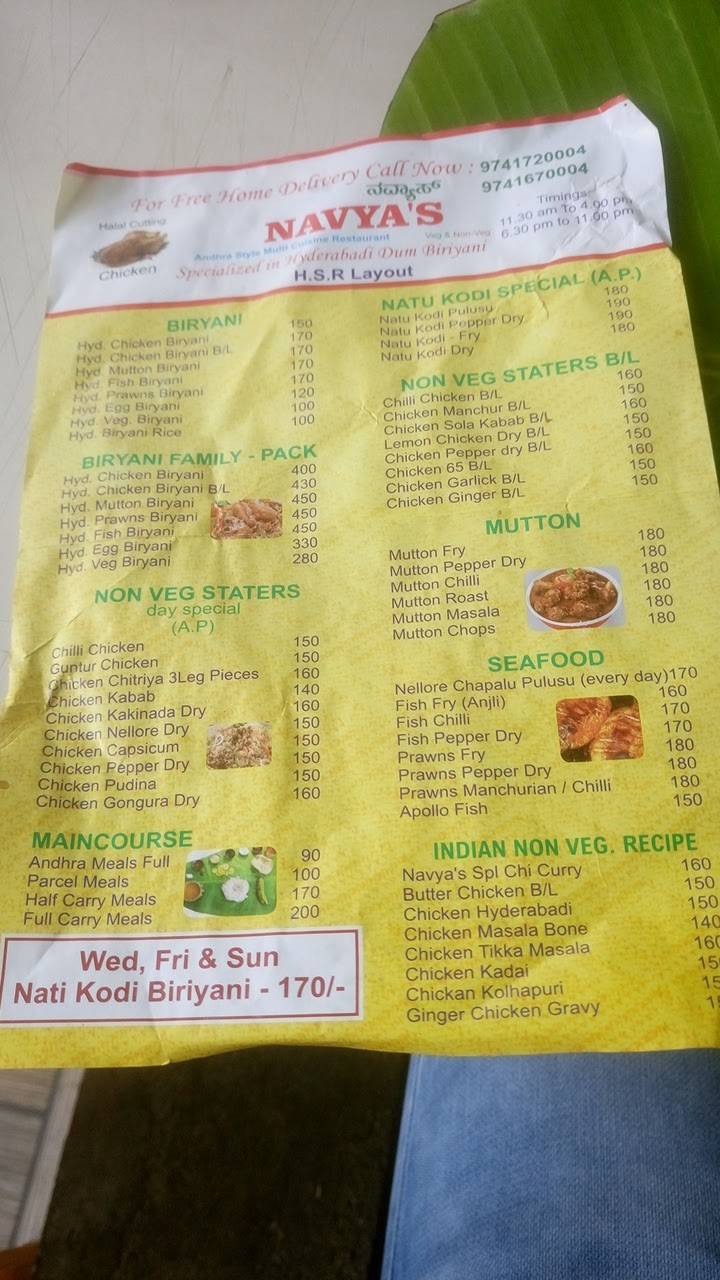 Menu at Navya's Restaurant, Bengaluru