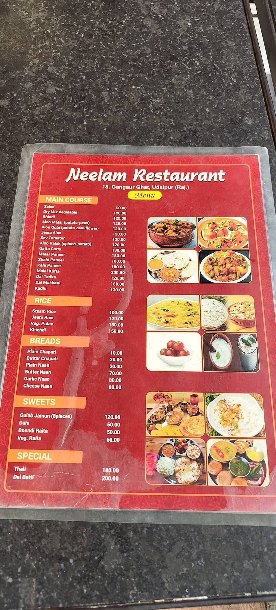 Menu at Neelam Restaurant, Udaipur, 18 Above Indusind Bank Atm Gangaur Ghat