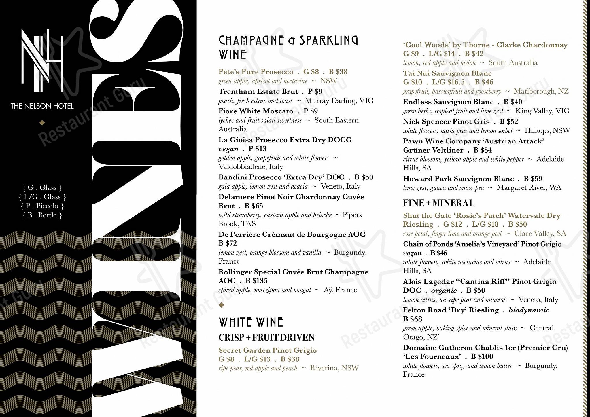 Menu at Nelson Hotel restaurant, Bondi Junction