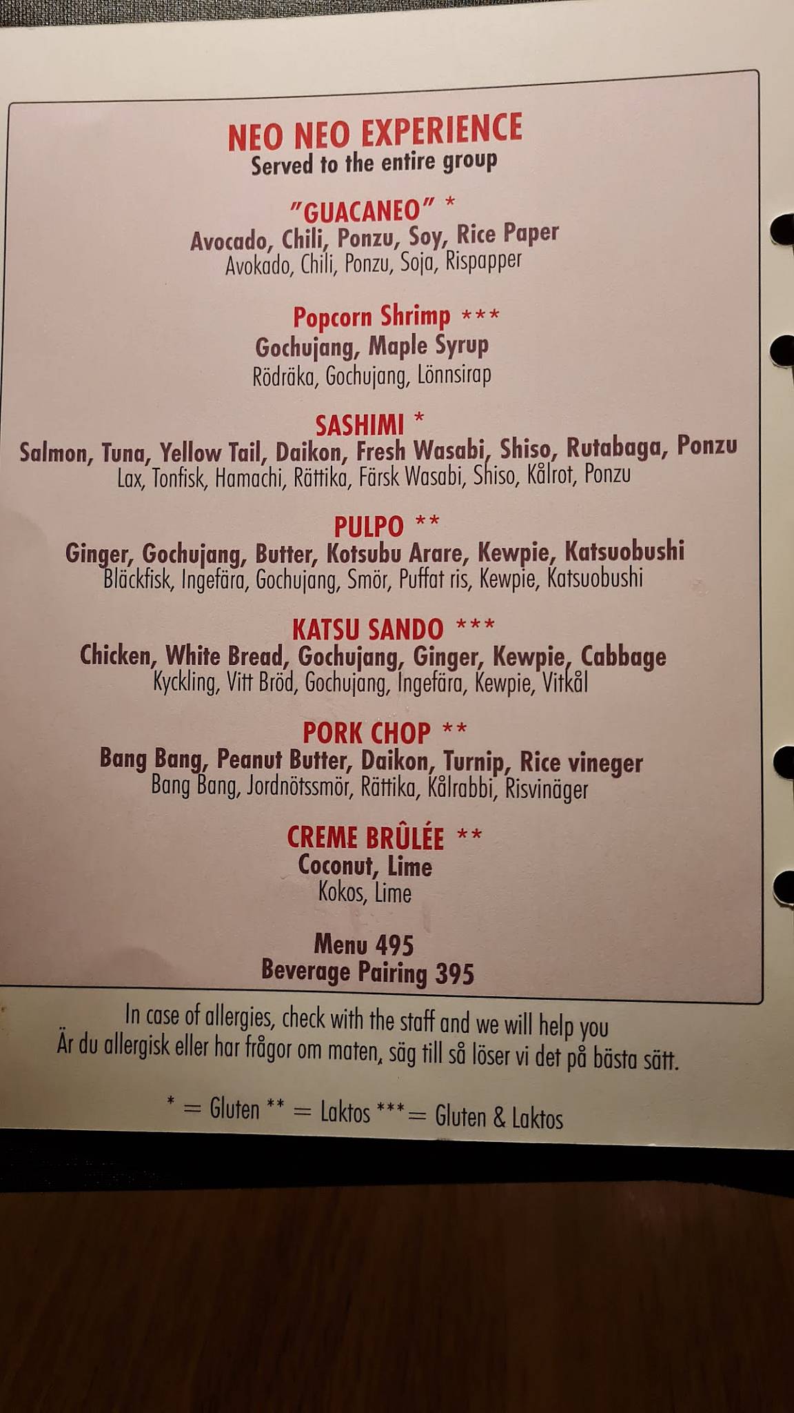 Menu at Neo Neo restaurant, Gävle