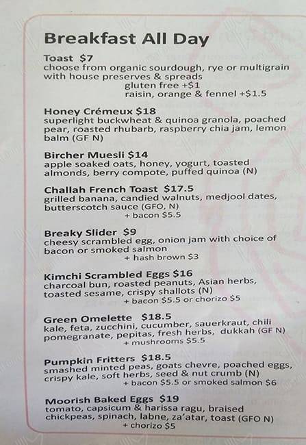 Menu at Neon Tiger cafe, Malvern