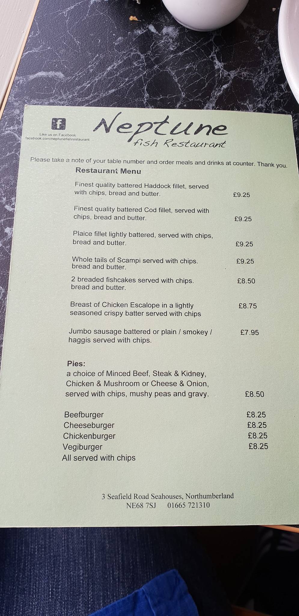 Menu at Neptune Fish Restaurant, Seahouses