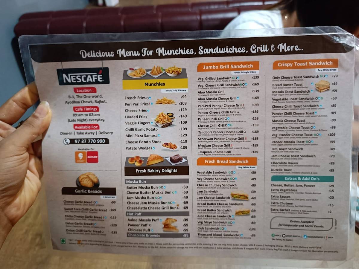 Menu at Nescafé, Rajkot, The One World