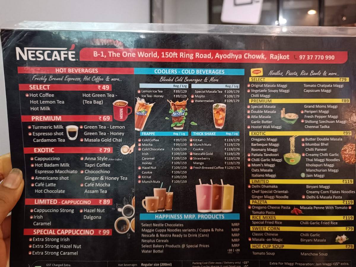 Menu at Nescafé, Rajkot, The One World