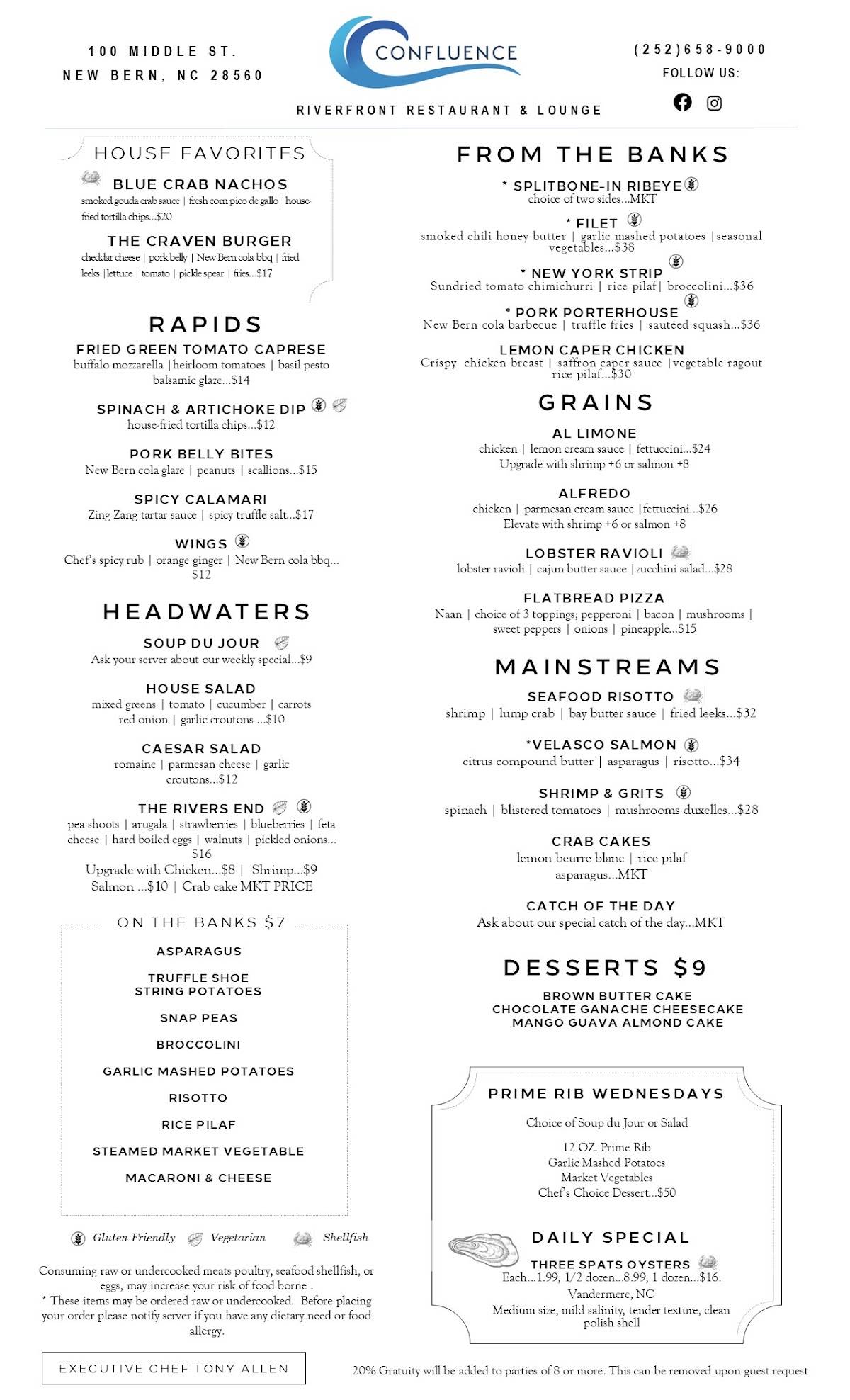 Menu at Confluence Riverfront Restaurant & Lounge, New Bern
