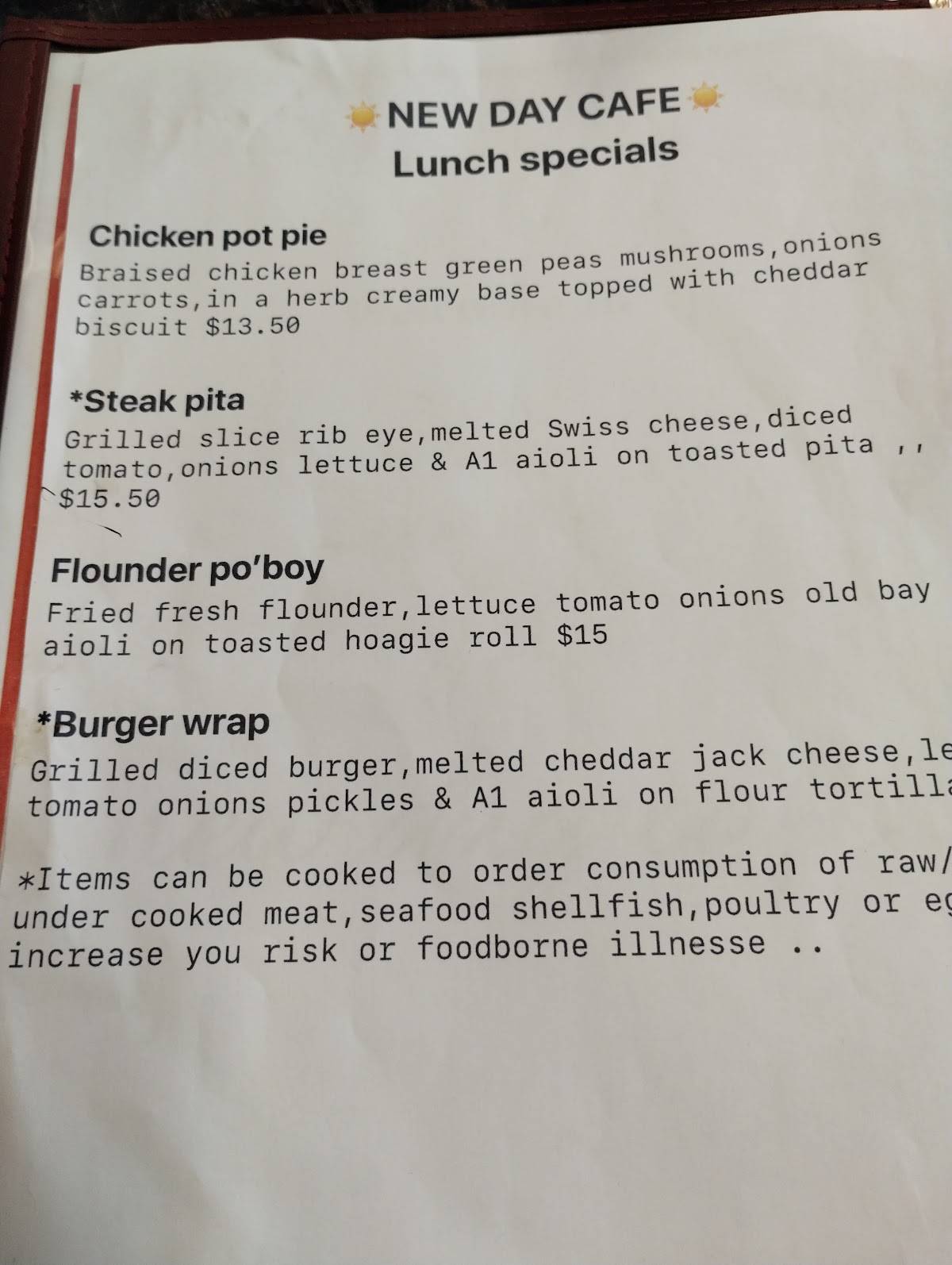 Menu at New Day Cafe, Leland