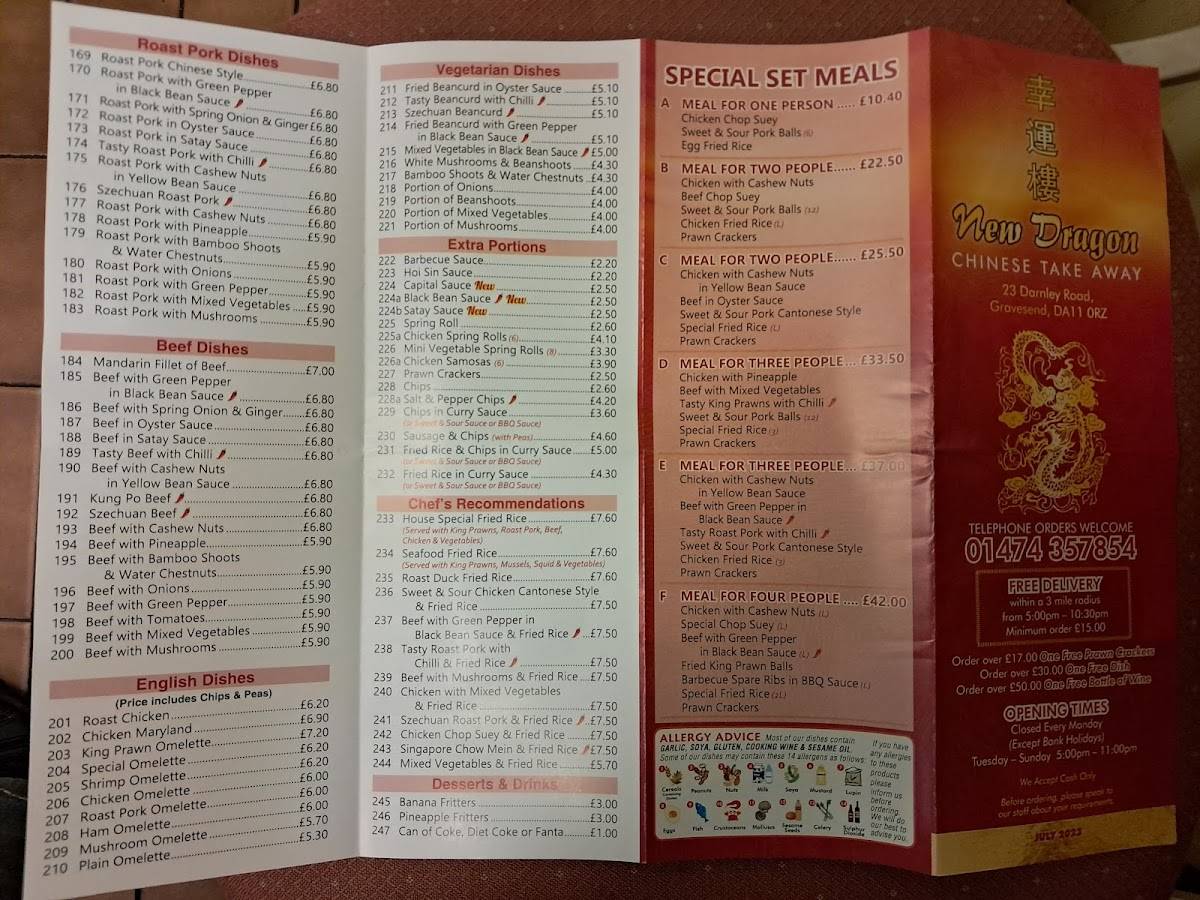 Menu at New Dragon restaurant, Gravesend