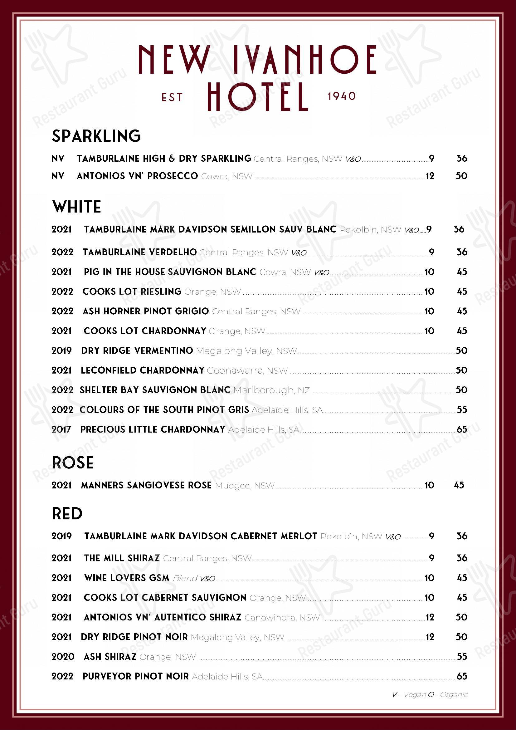 Menu at New Ivanhoe Hotel pub & bar, Blackheath