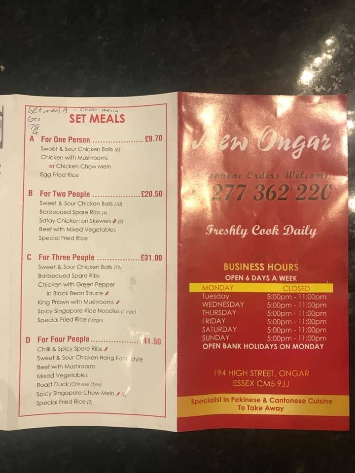Menu at New Ongar restaurant, Ongar, 194 High St