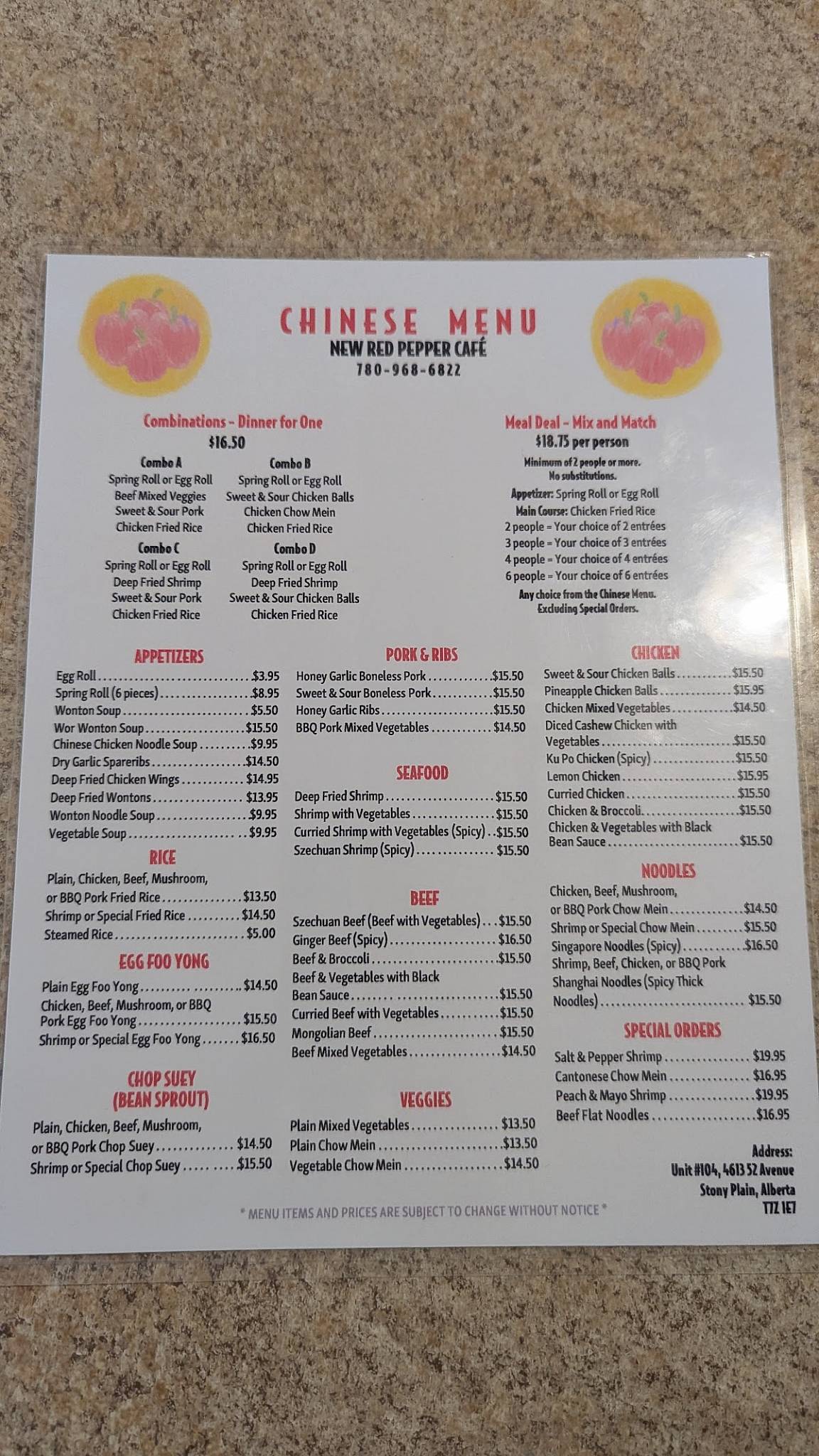 Menu at New Red Pepper Cafe, Stony Plain