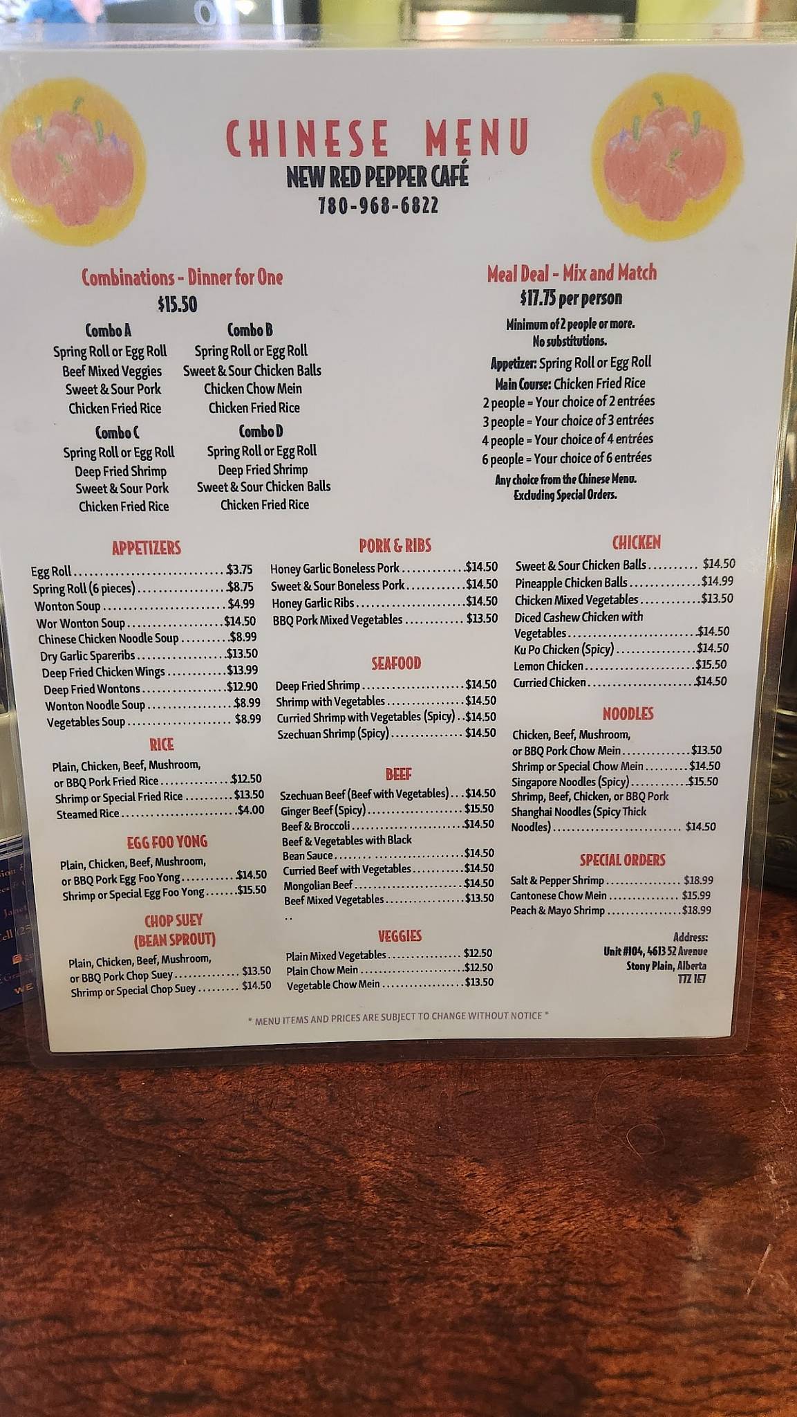 Menu at New Red Pepper Cafe, Stony Plain