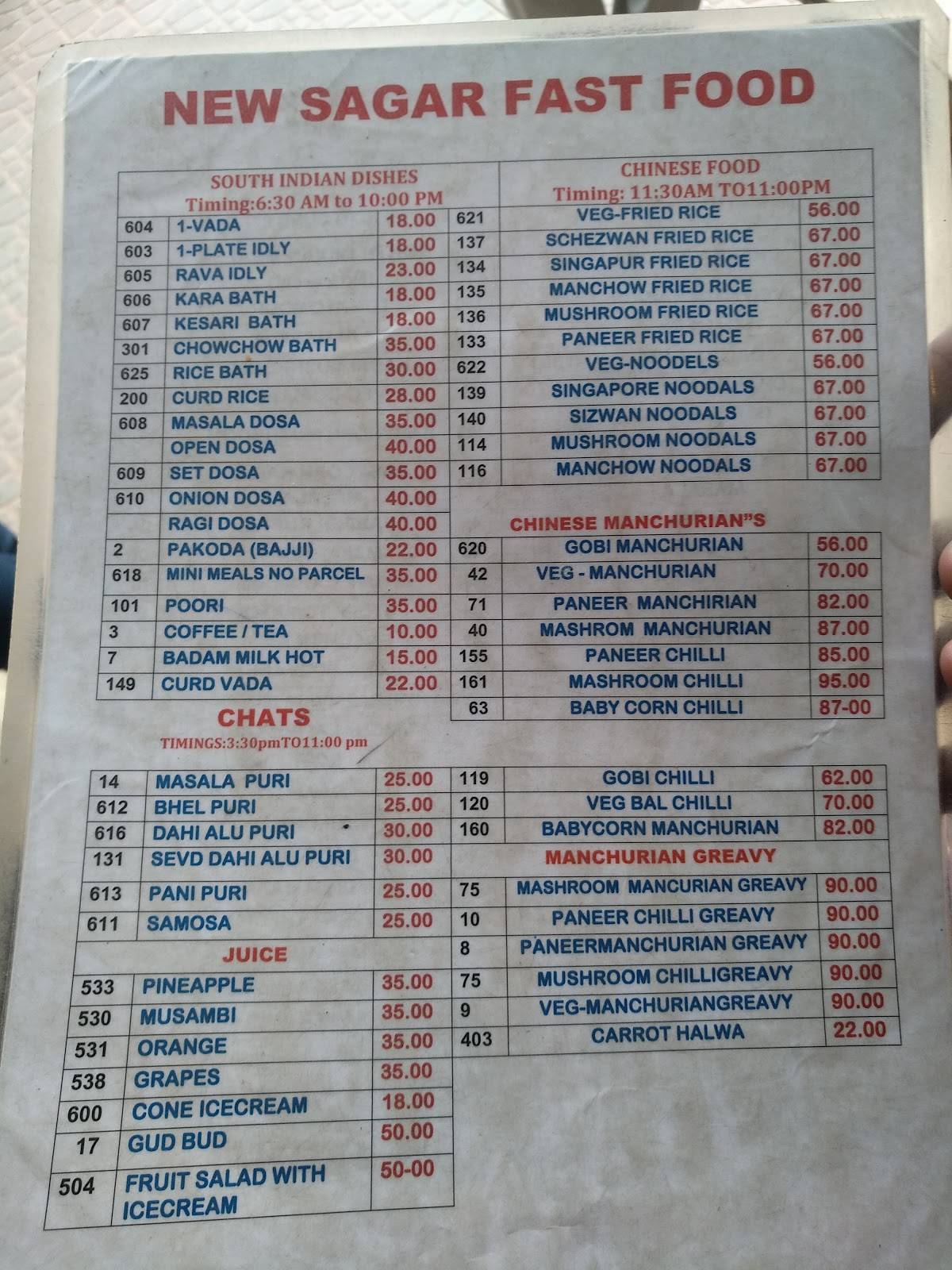 Menu at New Sagar Fast Food And Family Restaurant, Bengaluru, 2H32+M7G