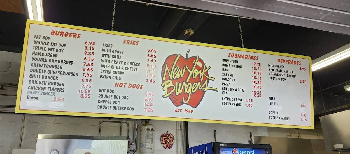Menu at New York Burgers restaurant, Winnipeg