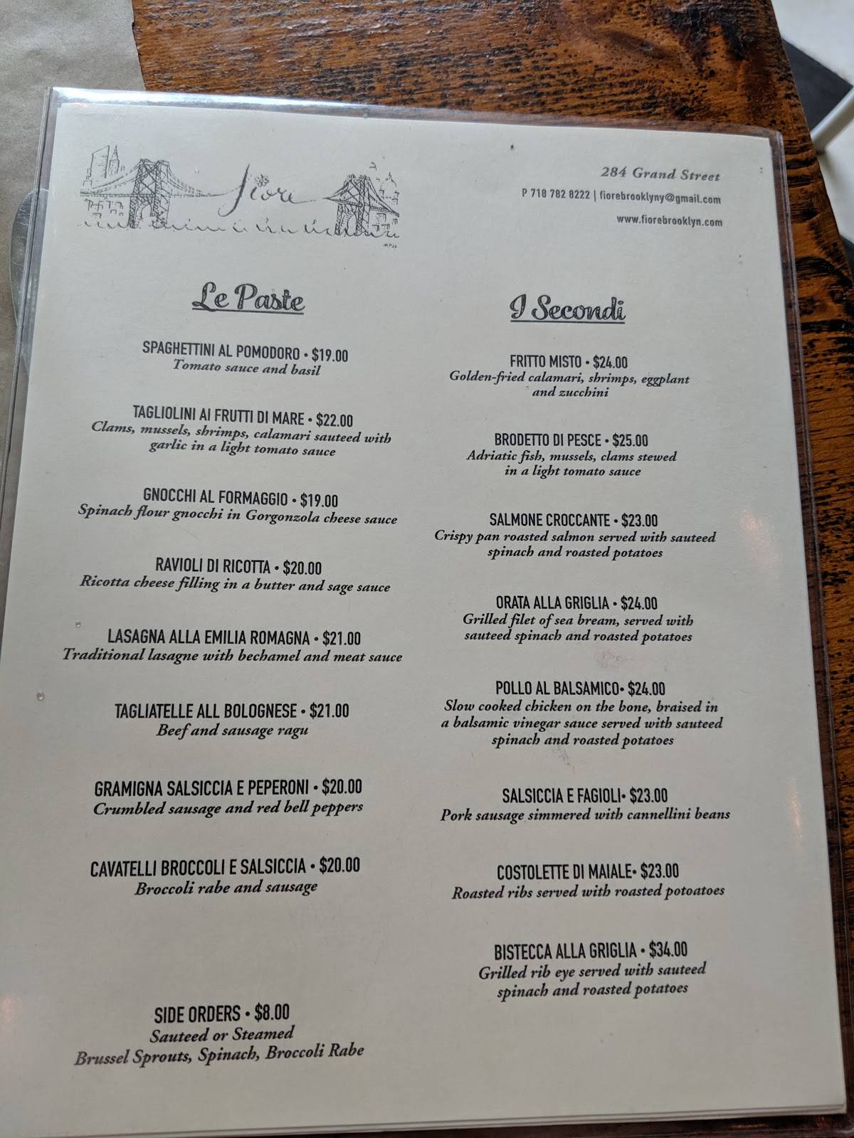 Menu at Fiore restaurant, New York City