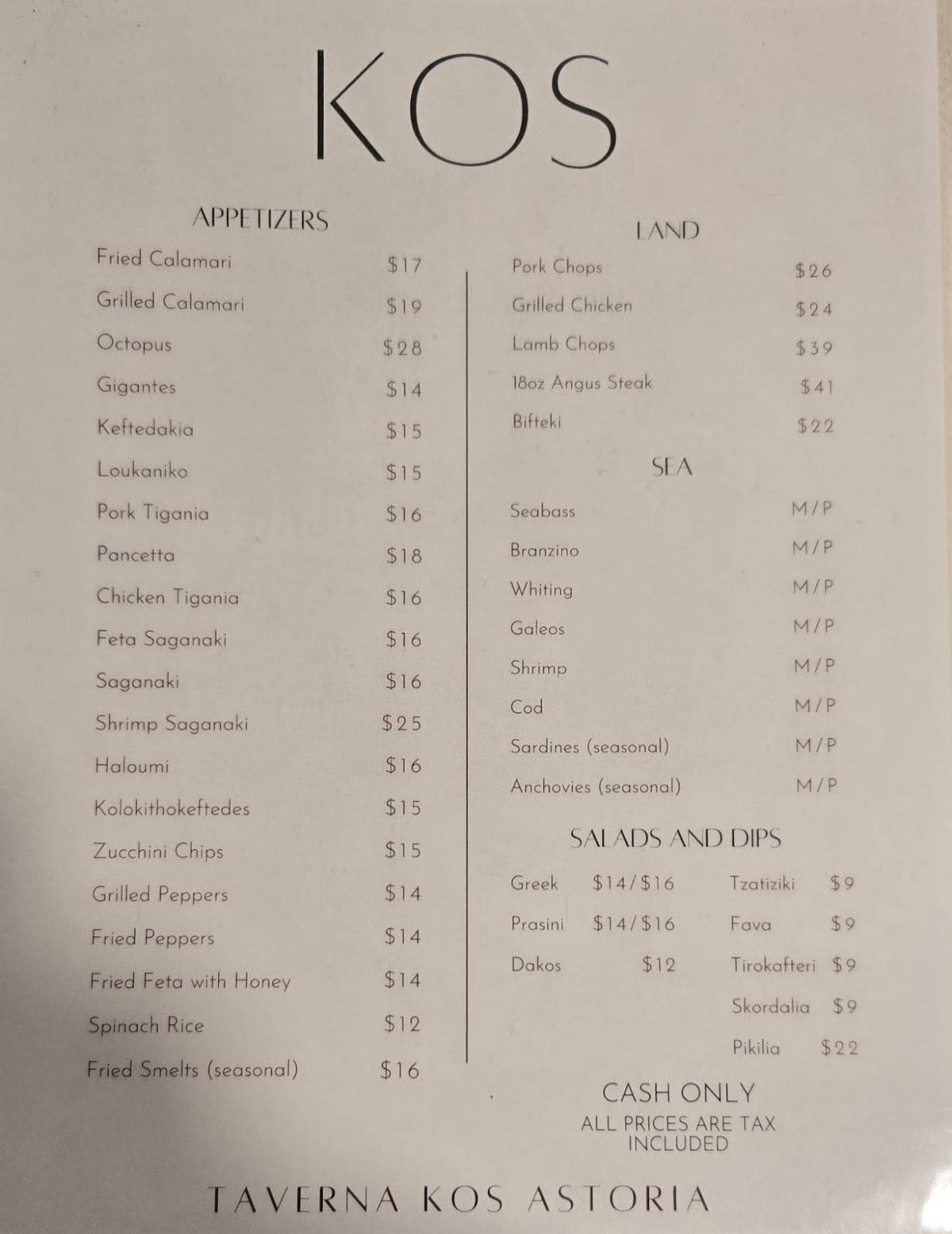 Menu at Taverna Kos Astoria restaurant, New York City