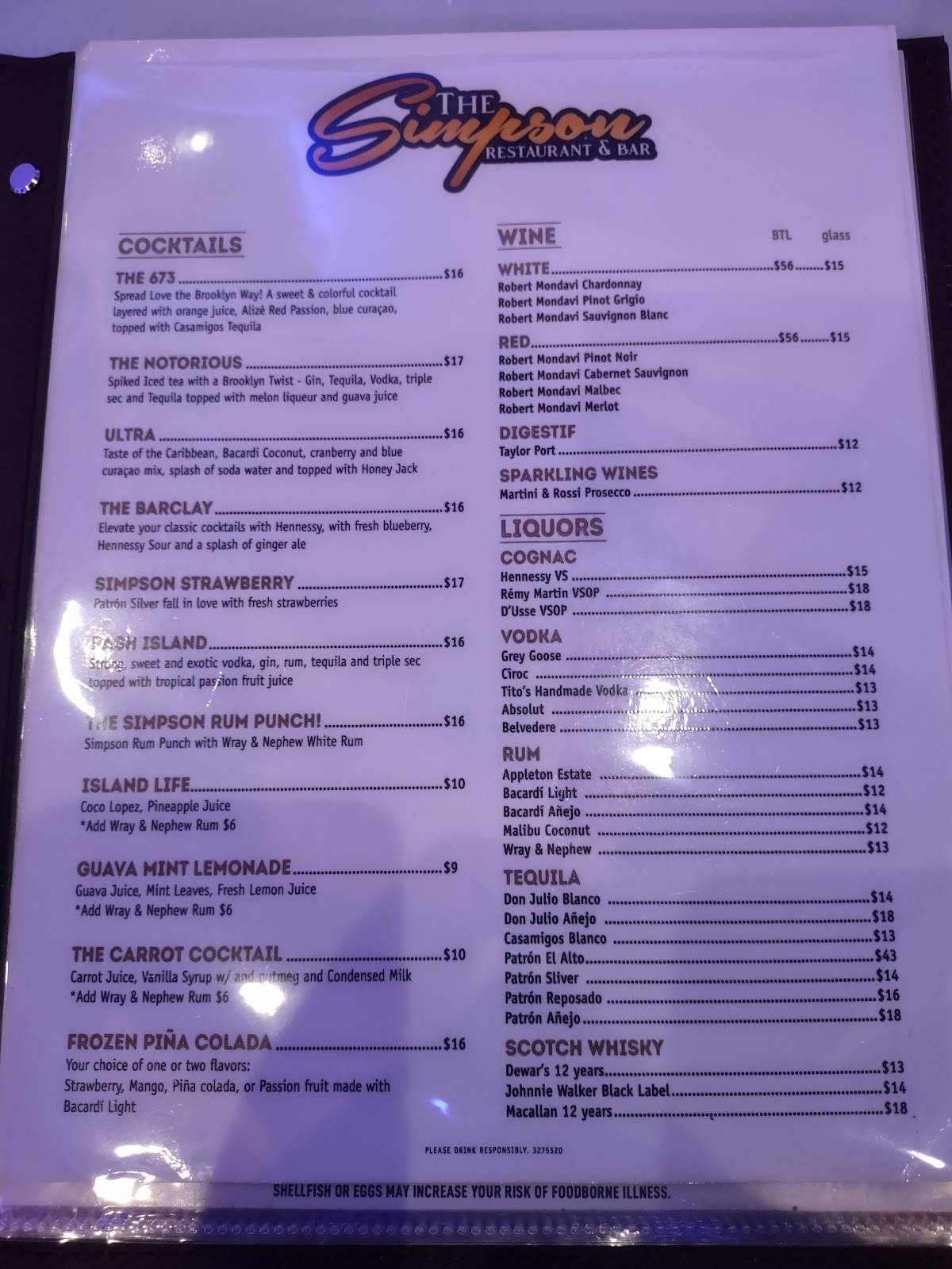Menu at The Simpson Restaurant and Bar, New York City